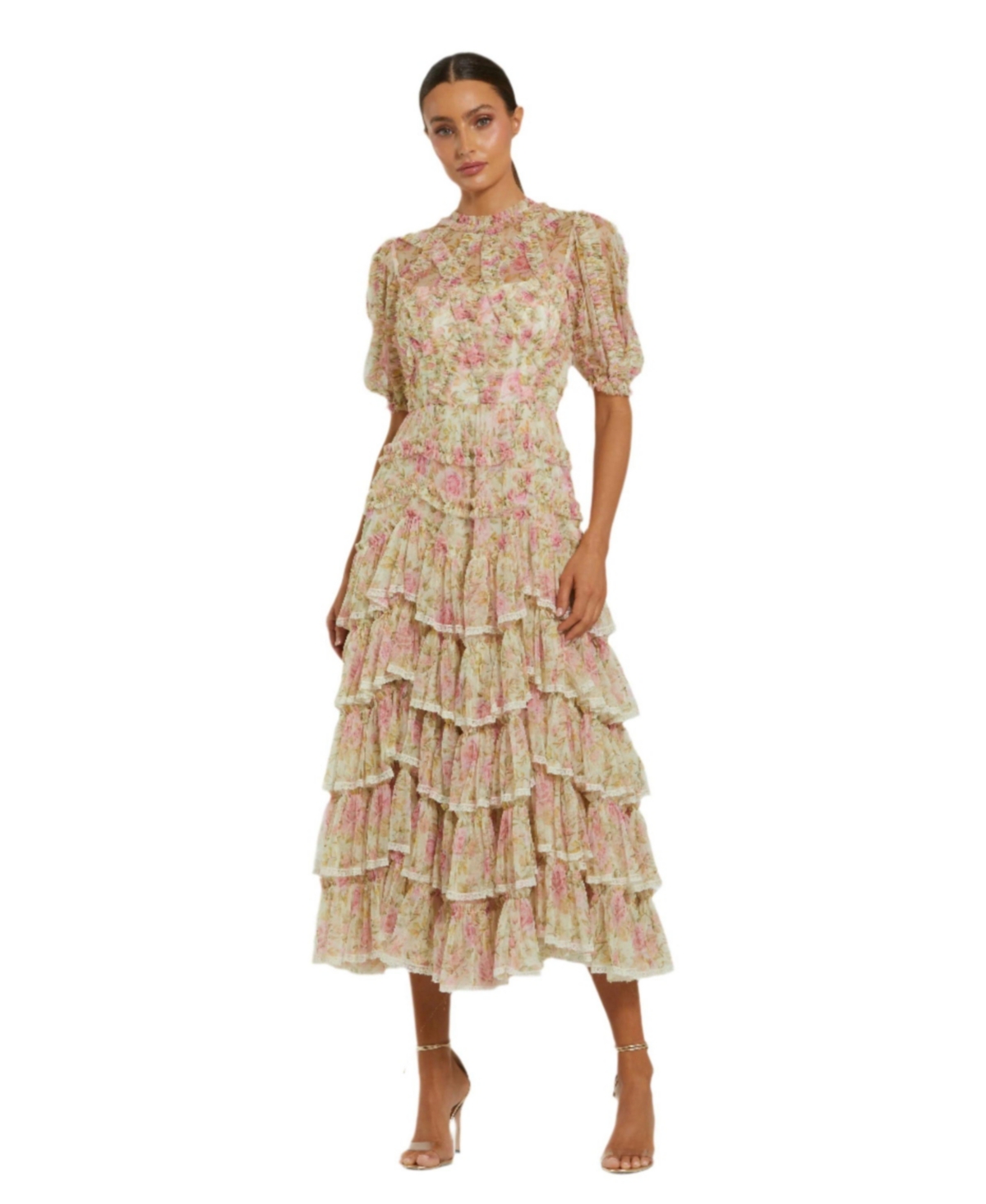 Click here for Mac Duggal Womens Lace Trim Printed Mesh High Neck... prices