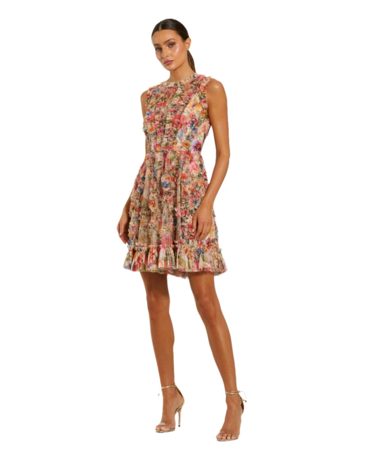 Mac Duggal Womens High-Neck Floral-Print A-Line Mini Dress - Cream multi