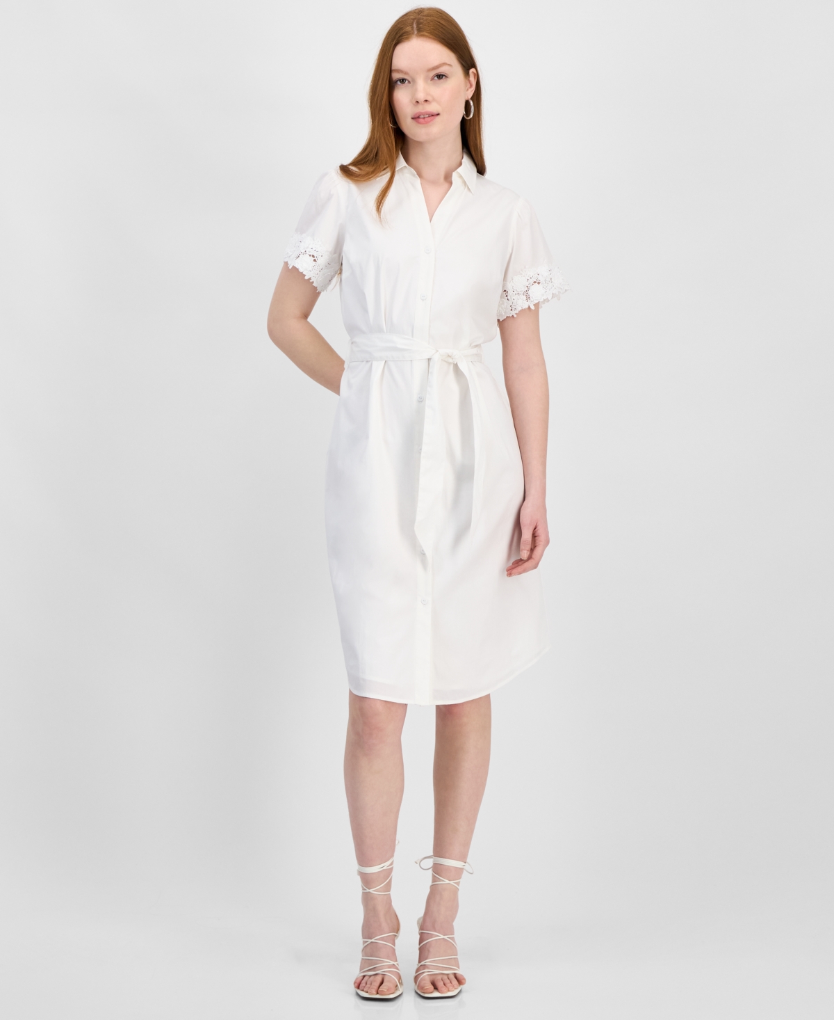 T Tahari Womens Lace-Trim Short-Sleeve Shirtdress - White Star