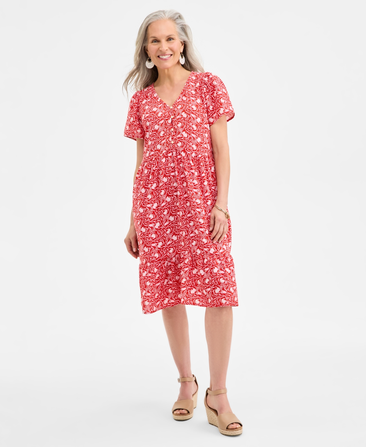 Click here for Style & Co Womens Printed Cotton Gauze V-Neck Midi... prices