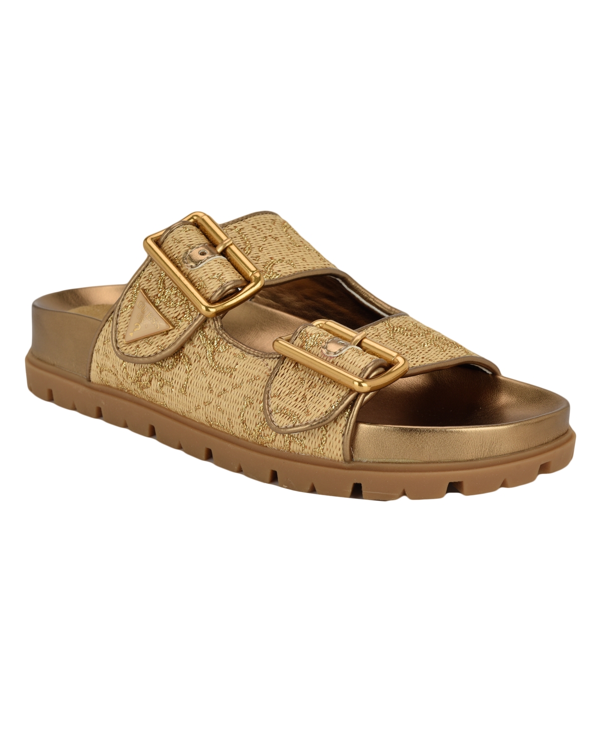 Guess Womens Fasten Double-Buckle Footbed Sandals - Natural/Gold Logo