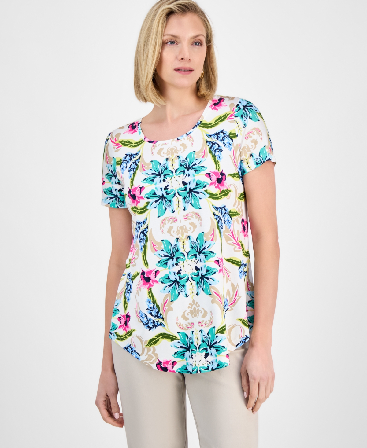 Click here for Jm Collection Womens Printed Scoop-Neck Short Slee... prices