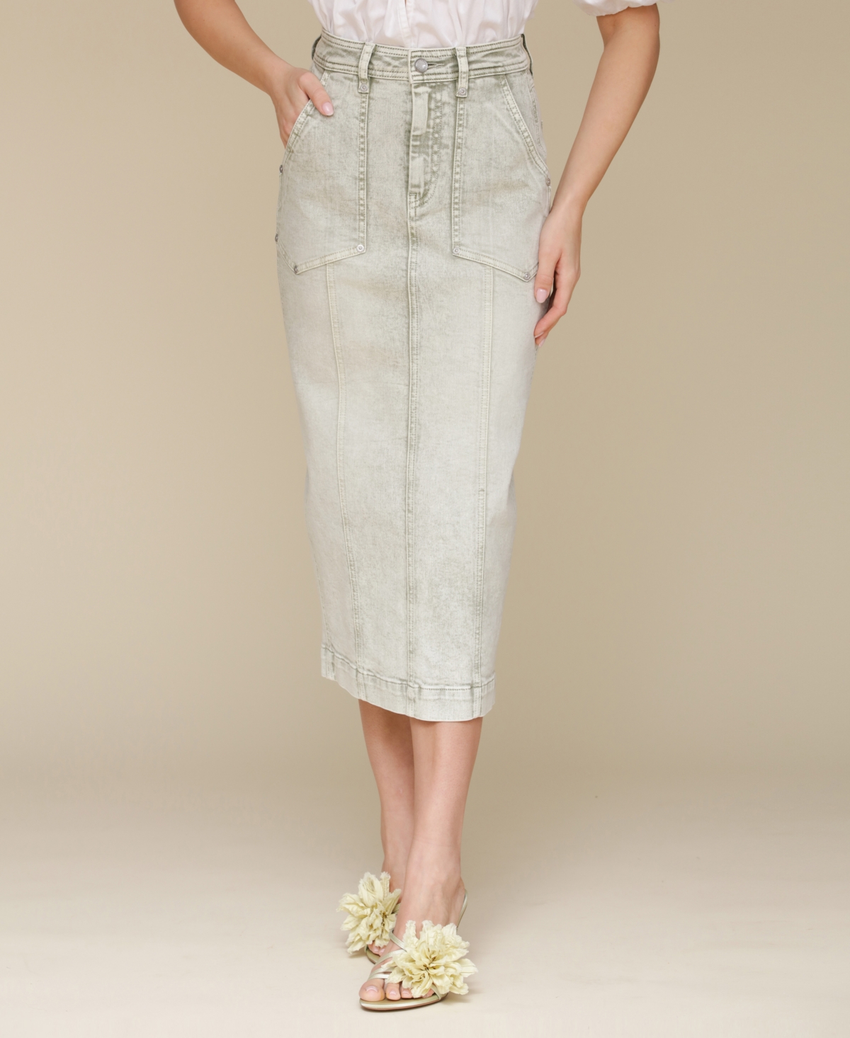 Avec Les Filles Womens Denim Midi Skirt - Spring Sage