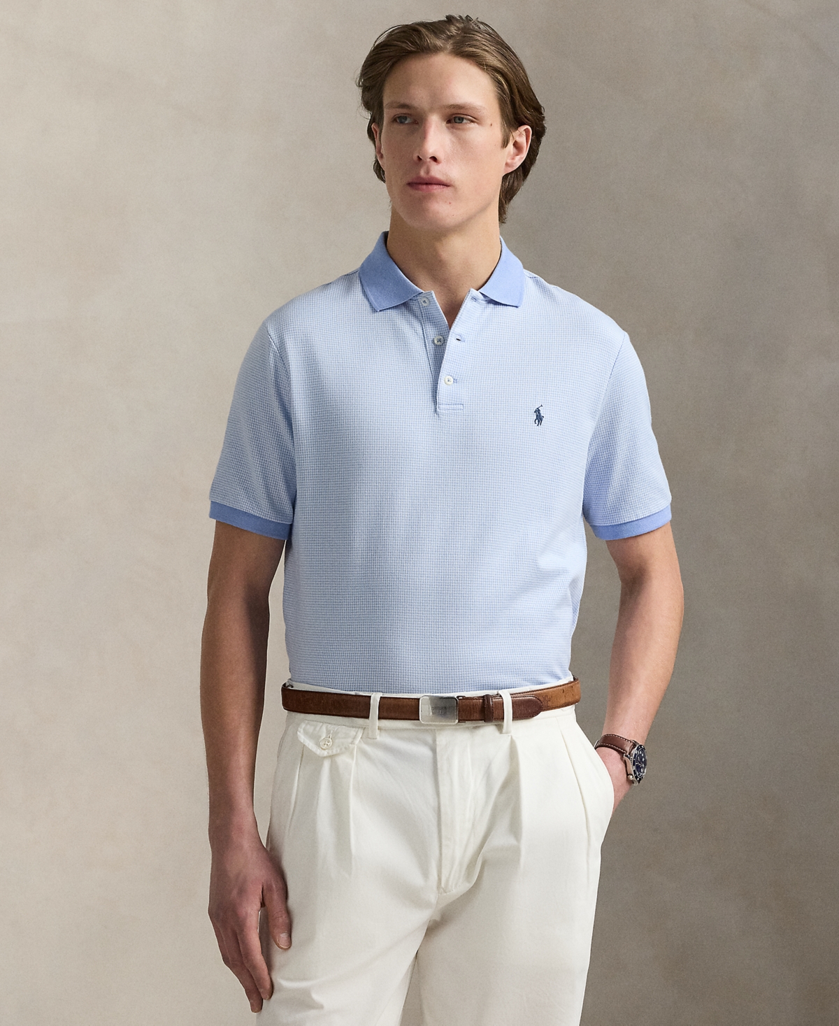 Polo Ralph Lauren Mens Classic Houndstooth Jersey Polo Shirt - Dress Shirt Blue/white