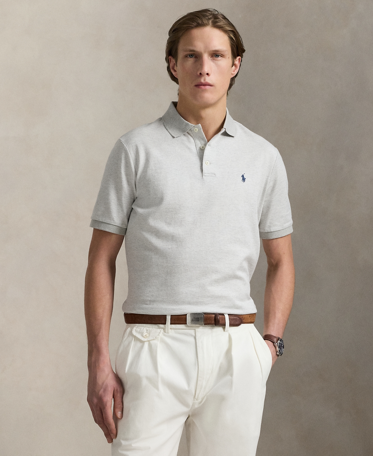 Polo Ralph Lauren Mens Classic Houndstooth Jersey Polo Shirt - Spring Heather/white