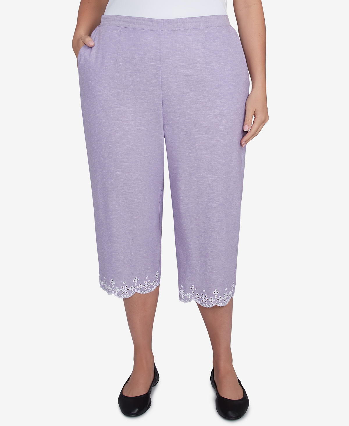Alfred Dunner Plus Size Crystal Springs Eyelet Embroidered Capri Pants - Lilac