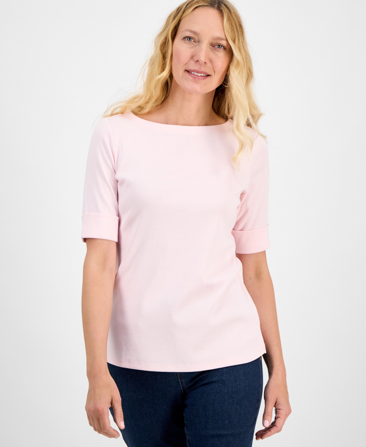 Click here for Style & Co Petite Cotton Elbow-Sleeve Boat-Neck To... prices