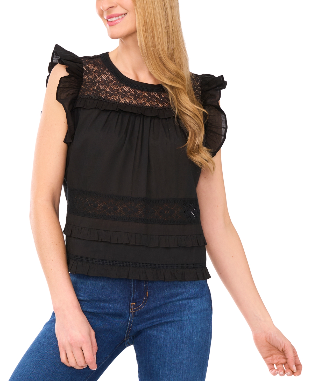 Click here for CeCe Womens Lace Inset Ruffle Detail Blouse - Rich... prices