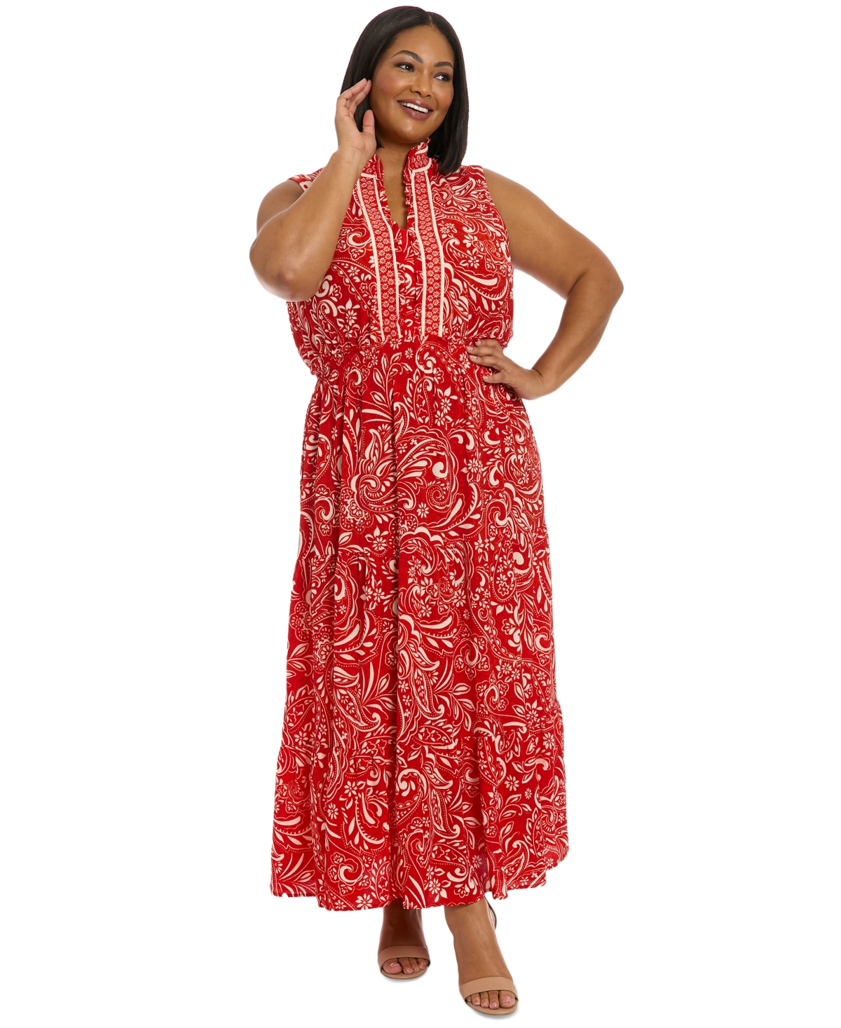 Click here for London Times Plus Size Ruffled-Neck Tiered Maxi Dr... prices