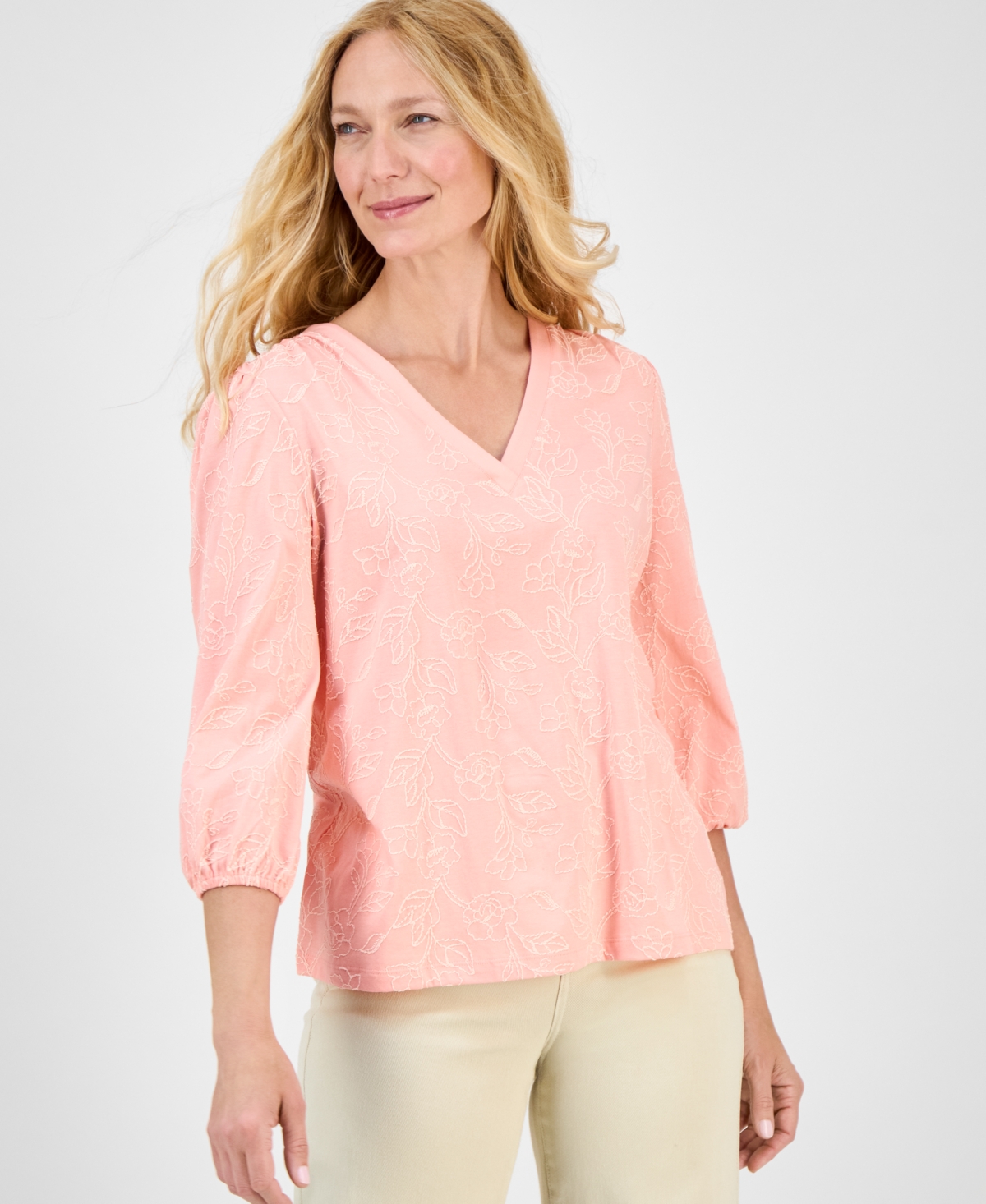 Click here for Style & Co Petite Floral Embroidery V-Neck Top  Ex... prices
