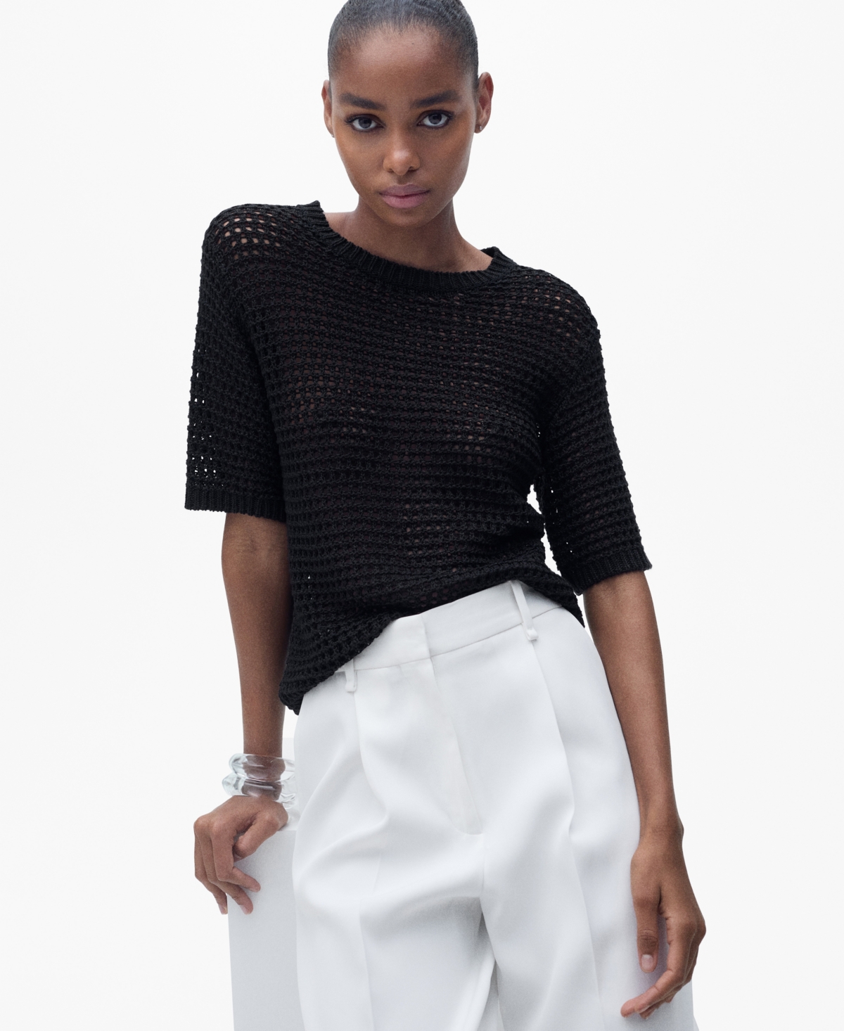 Click here for Mango Womens Short-Sleeved Openwork Knitted Sweate... prices