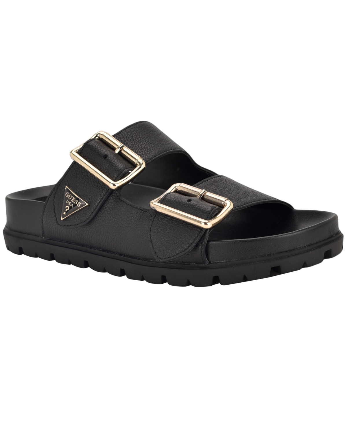Guess Womens Fasten Double-Buckle Footbed Sandals - Black Leather