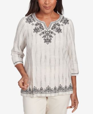 Alfred Dunner Petite Natural Instinct Textured Medallion Embroidered Top - Macy's