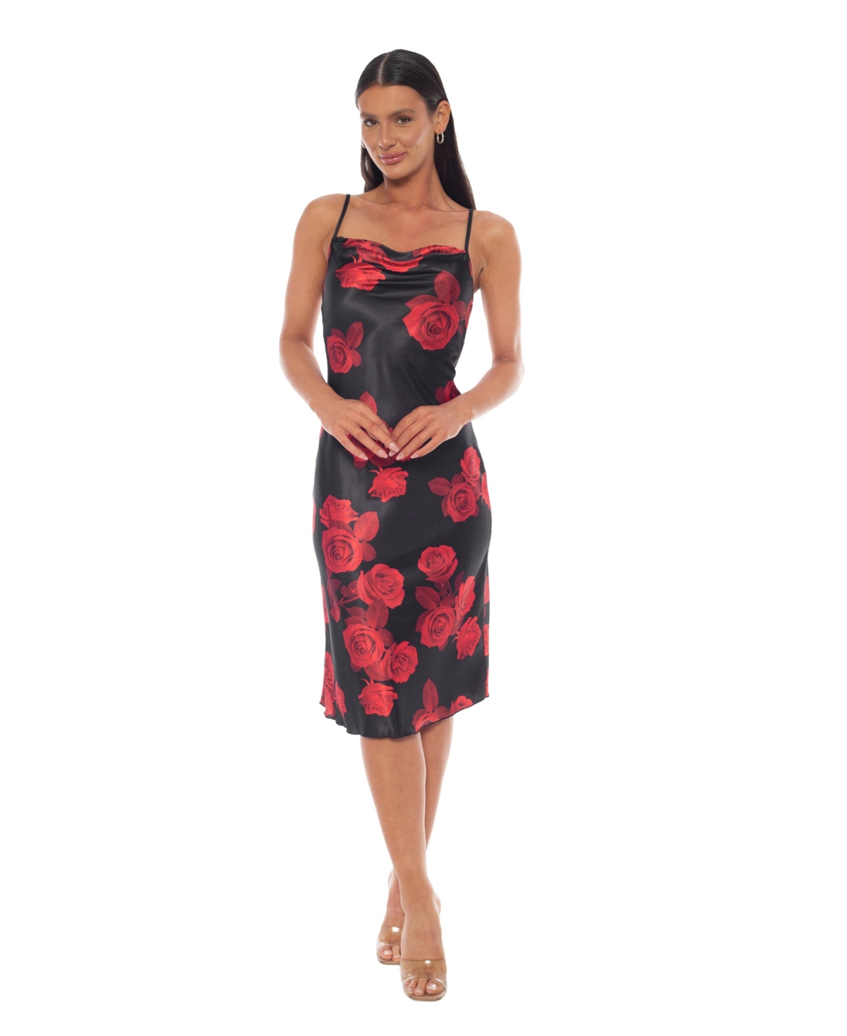 Click here for Bebe Womens Print Satin Slip Midi Dress - Black ro... prices