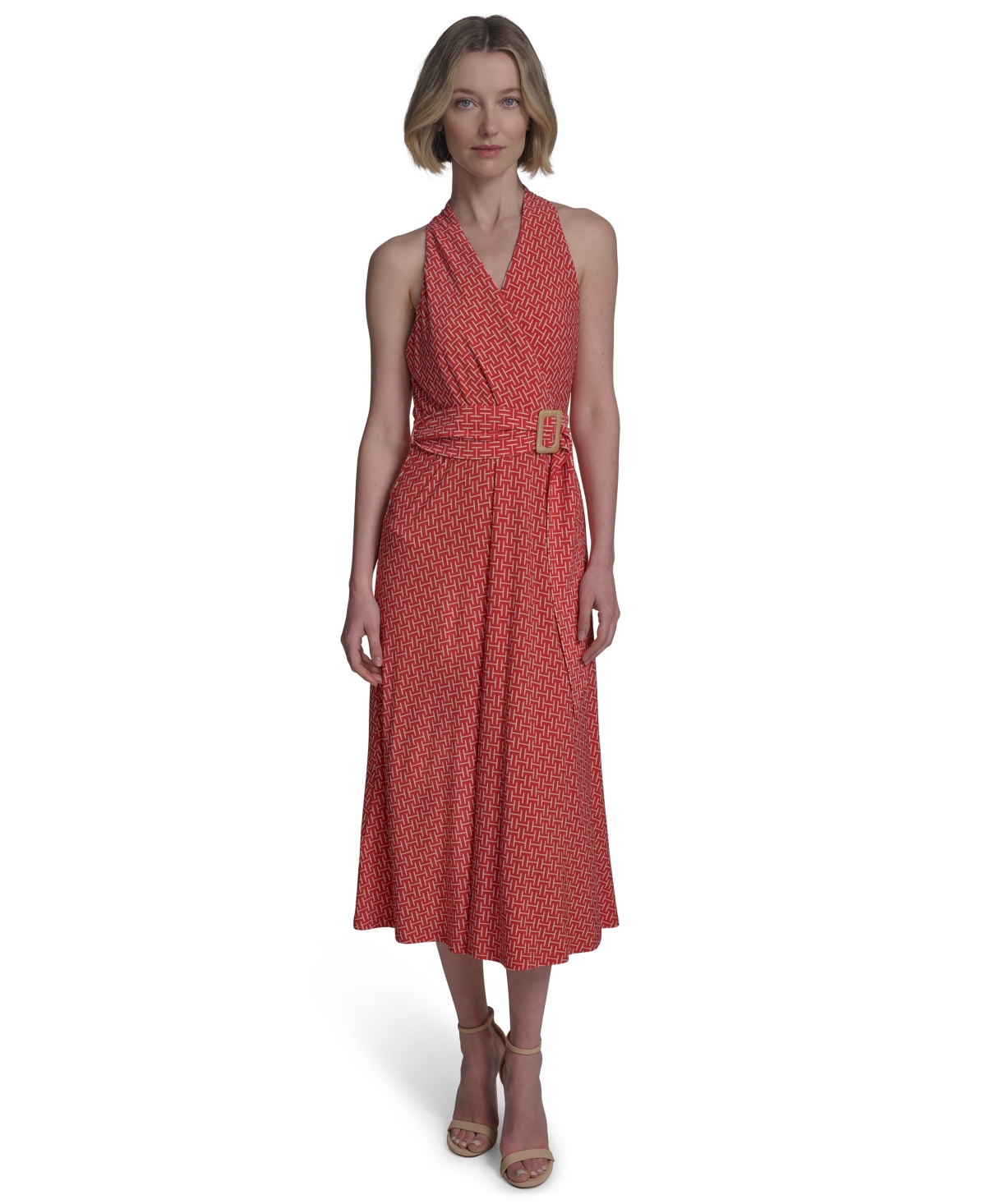 Click here for Halston Womens Printed Faux-Wrap Belted Midi Dress... prices
