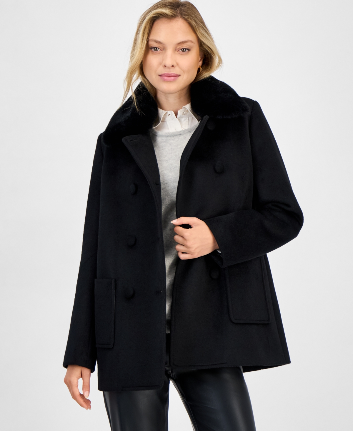 Click here for Cece Womens Double-Breasted Faux Fur Collar Coat -... prices
