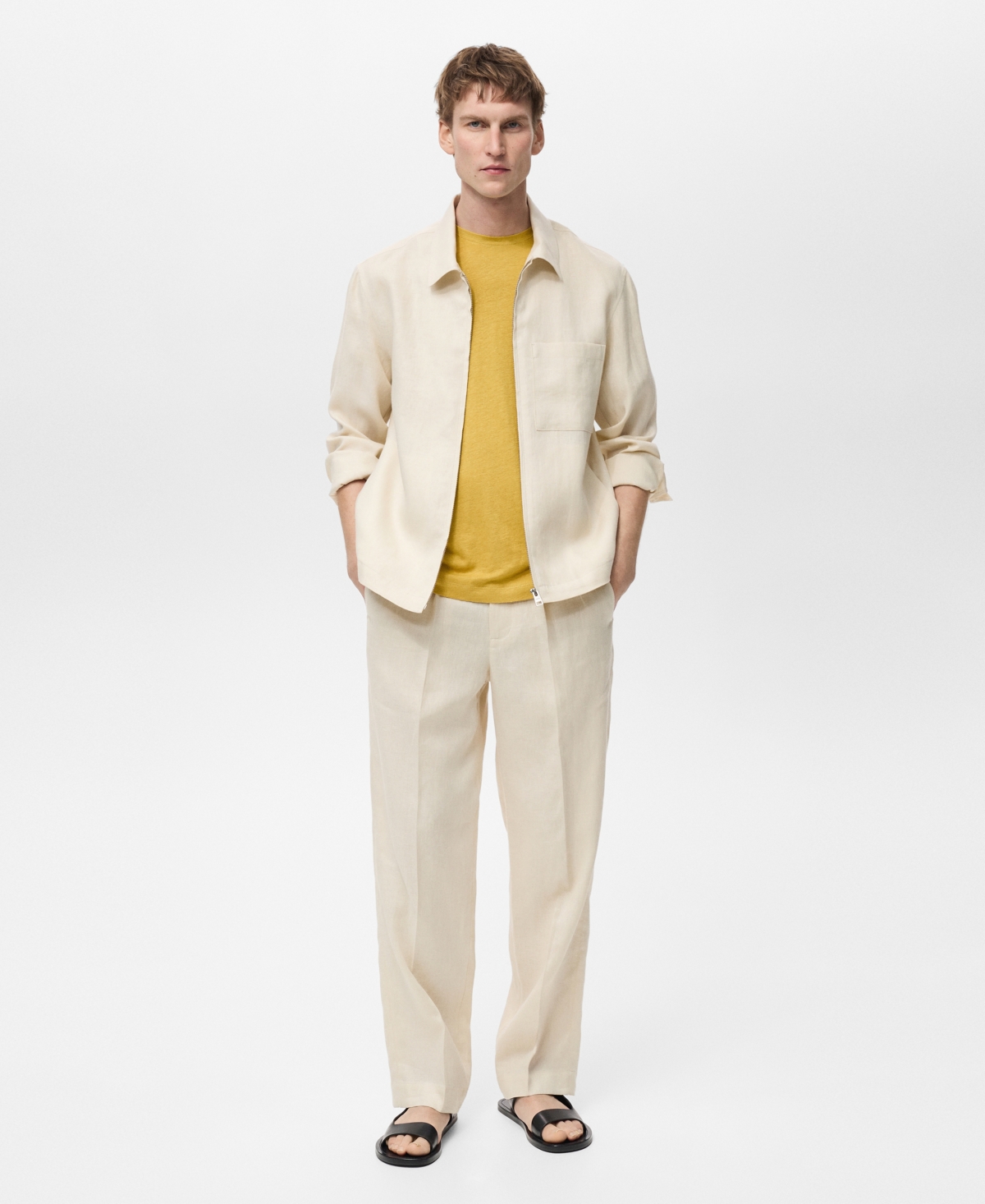 Click here for Mango Mens Linen Full-Zip Jacket - Ivory White prices