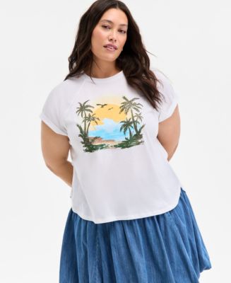 On 34th Trendy Plus Size Raglan-Seam Palm-Print T-Shirt, Exclusively at ...