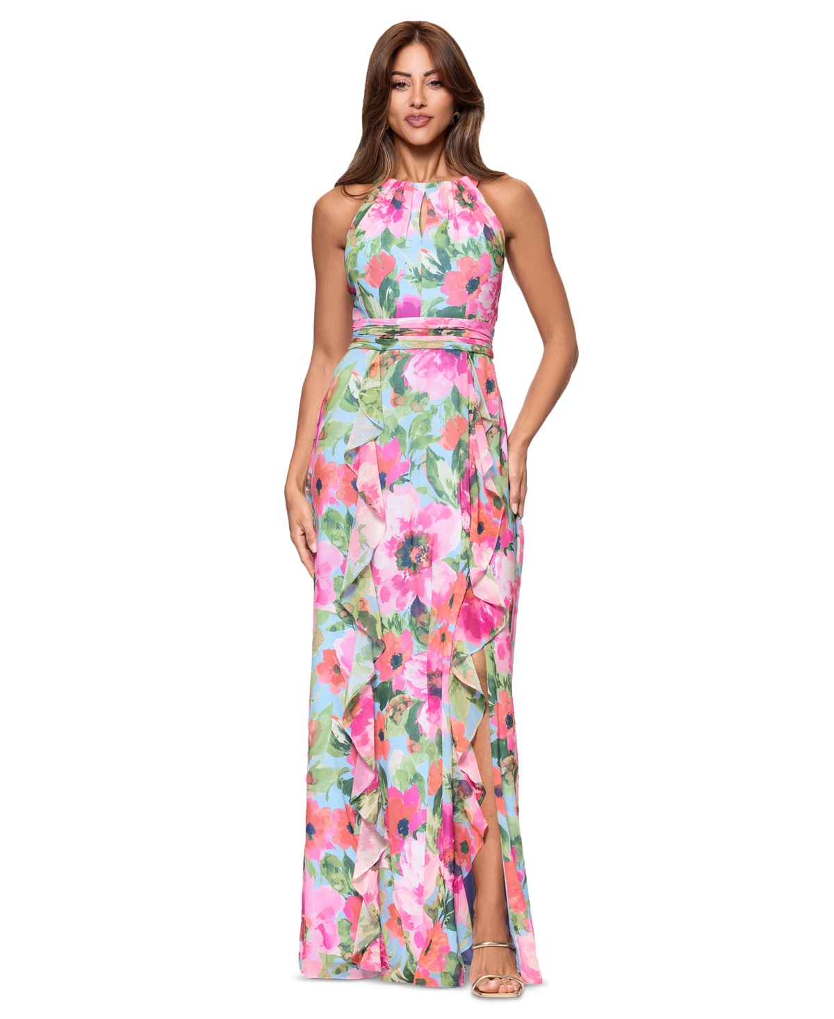 Click here for Xscape Petite Floral-Print Ruffled Gown - Pink/Per... prices