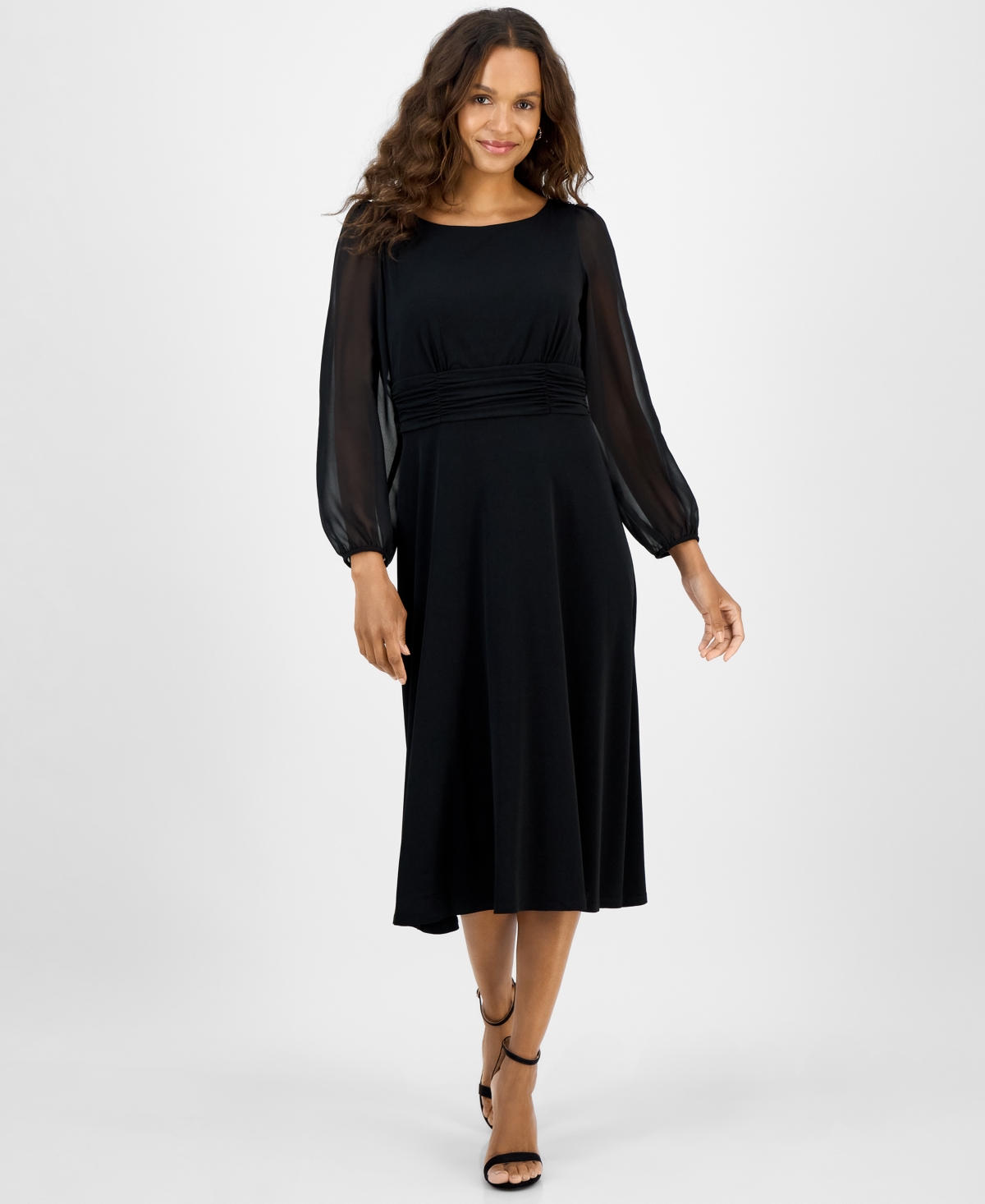 Click here for Connected Petite Shirred-Waist Sheer-Sleeve Midi D... prices