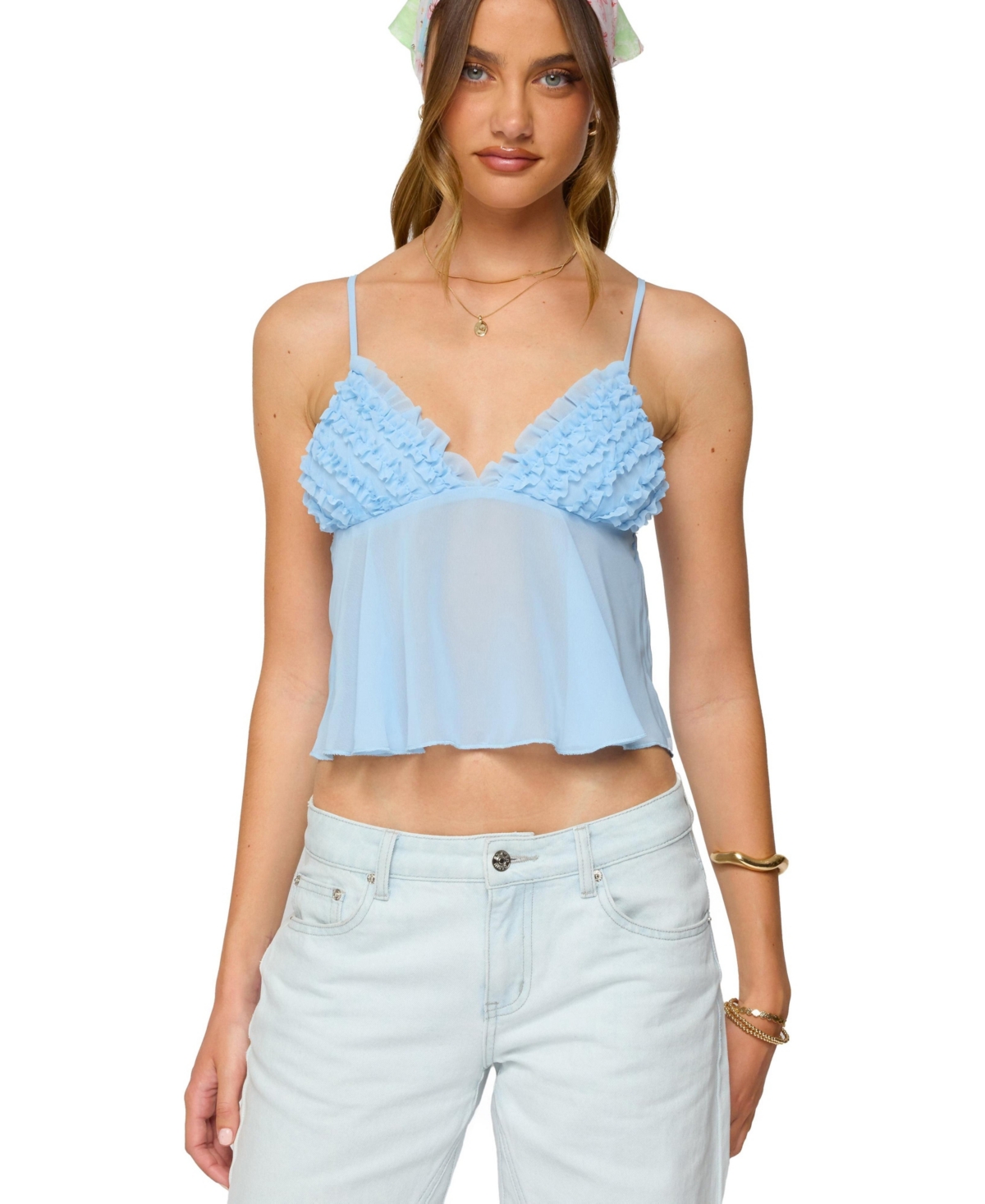 Click here for Edikted Womens Ruffle Sheer Chiffon Babydoll Tank... prices