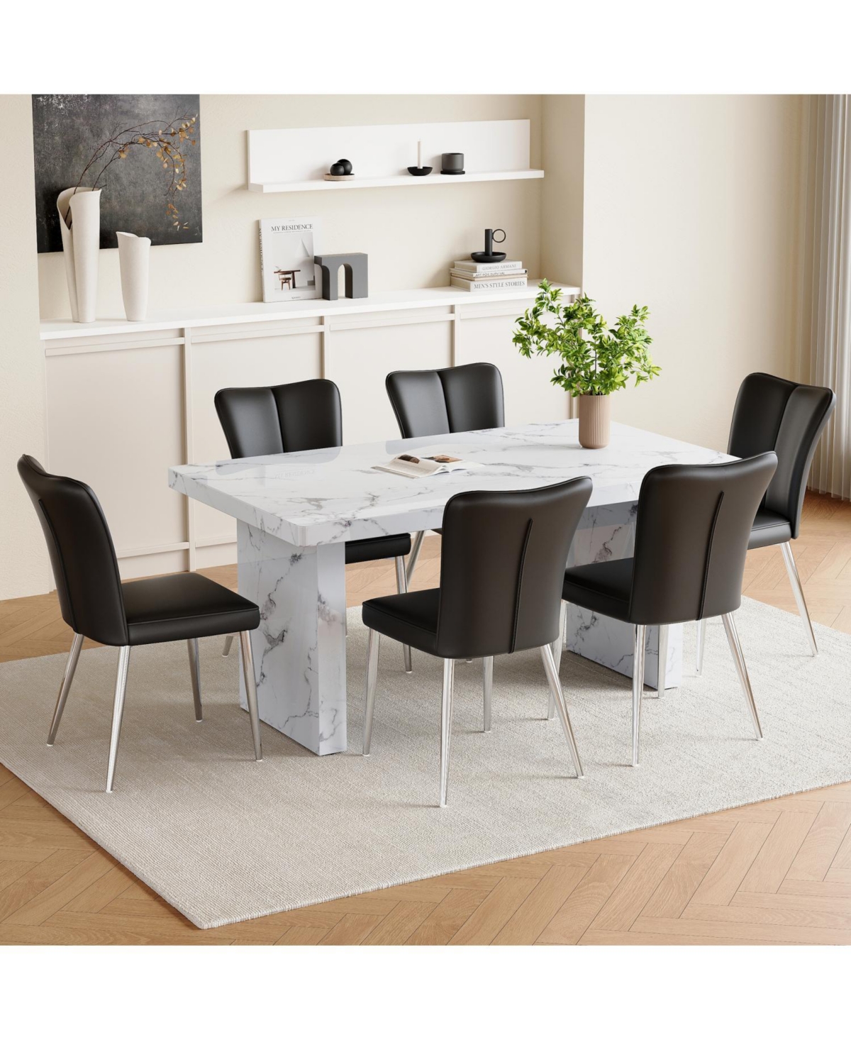 Click here for White Marble Dining Set with Black Stripe Chairs -... prices