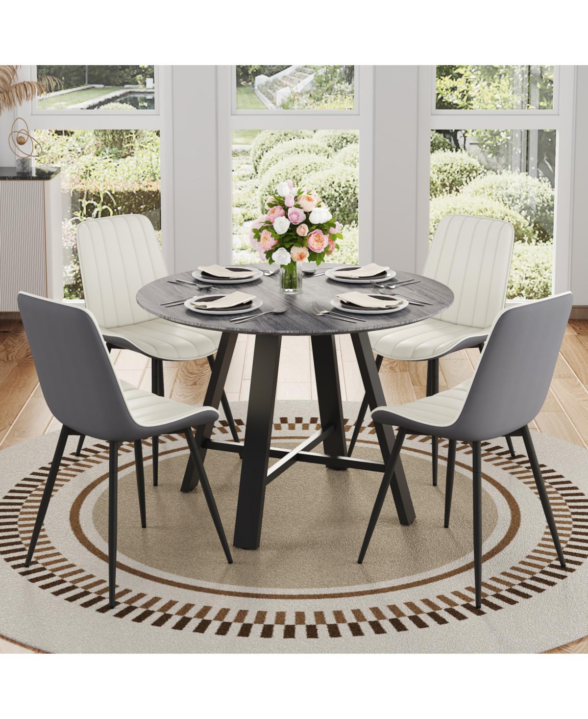 Click here for 42" Round Dining Set: Gray Wood Table & 4 Pu... prices