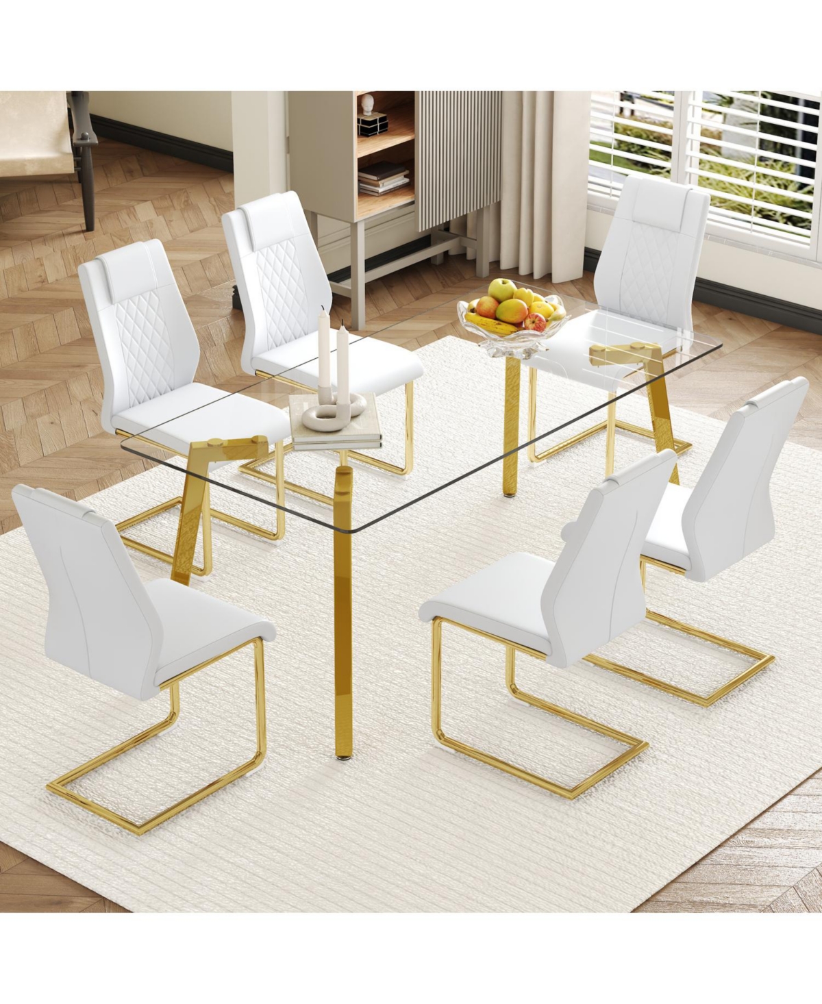 Click here for Streamdale Golden Leg Glass Table & 6 White Pu Cha... prices