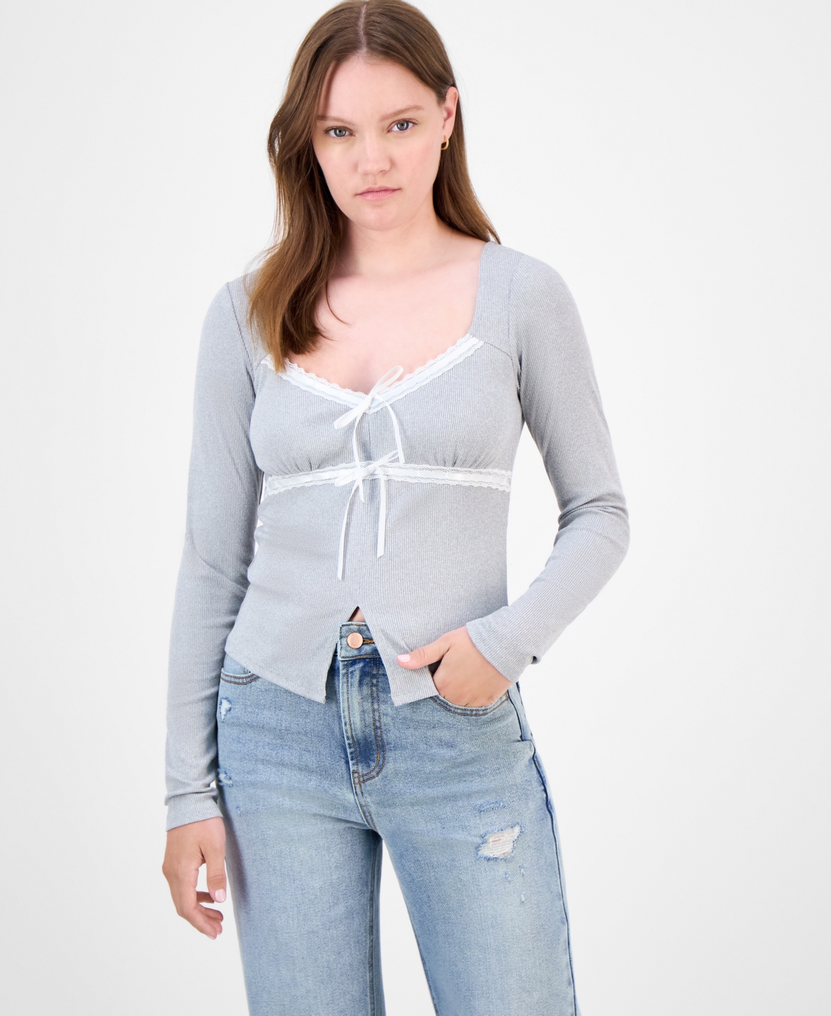 Click here for Just Polly Juniors Lace-Trim Sweetheart-Neck Knit... prices