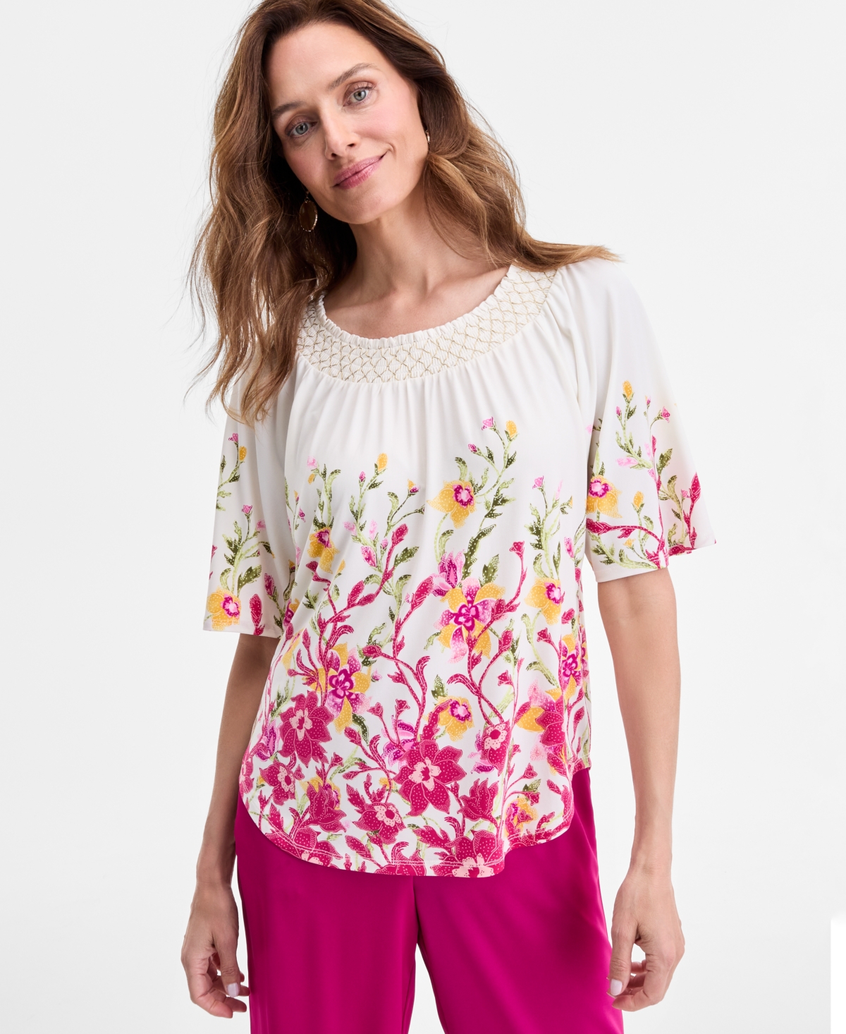 Click here for Jm Collection Womens Printed Scoop-Neck Top  Exclu... prices
