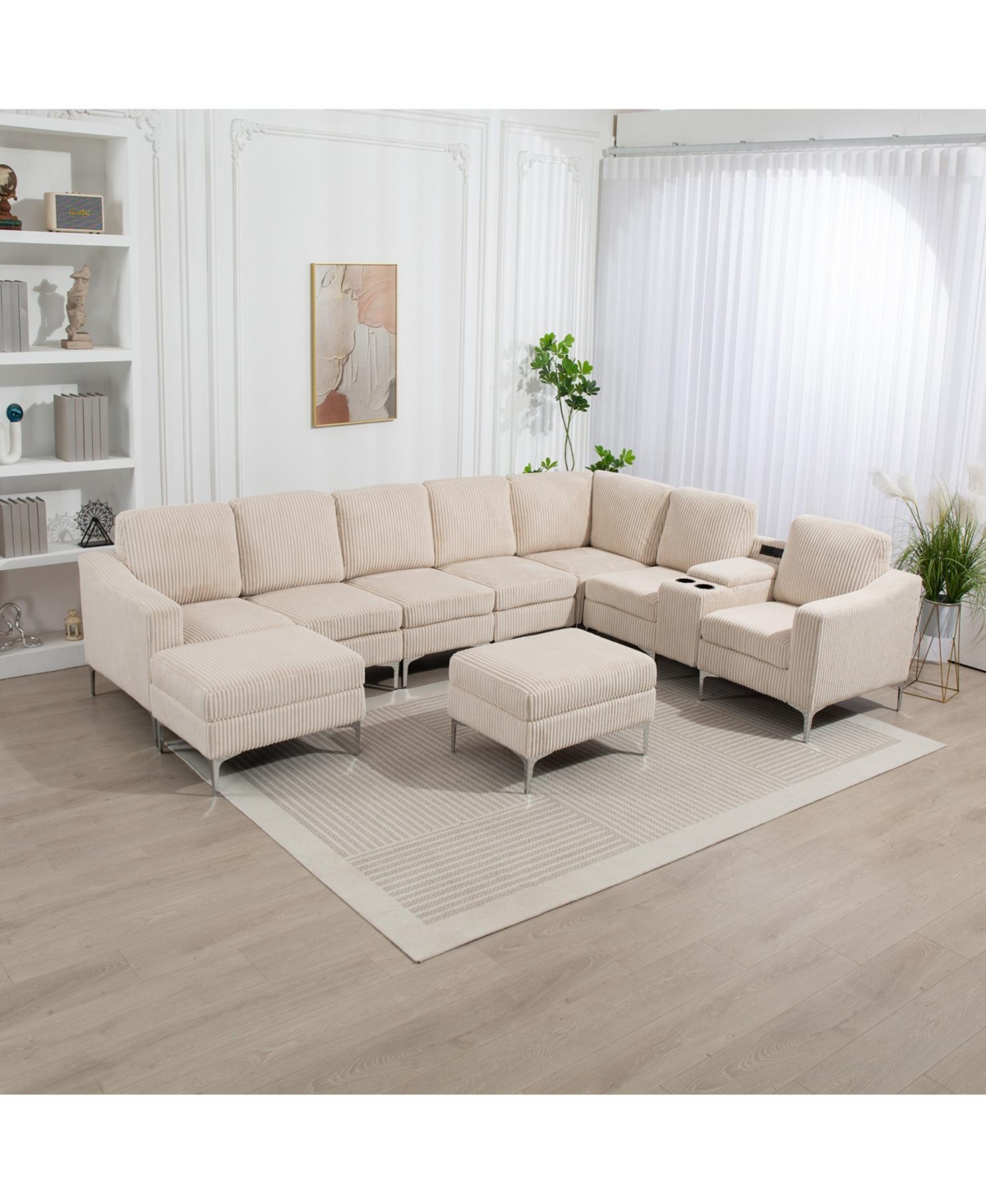 Click here for Beige Corduroy Convertible Sectional Sofa with Ott... prices