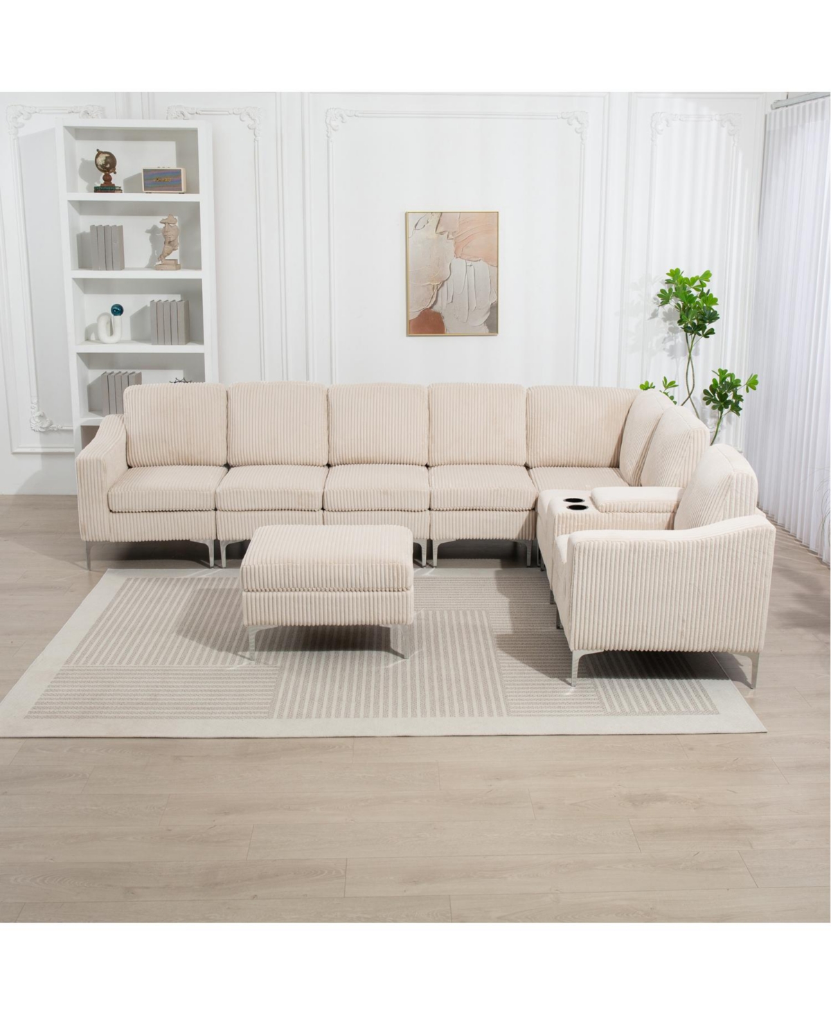 Click here for Beige Corduroy Convertible Sectional Sofa with Ott... prices