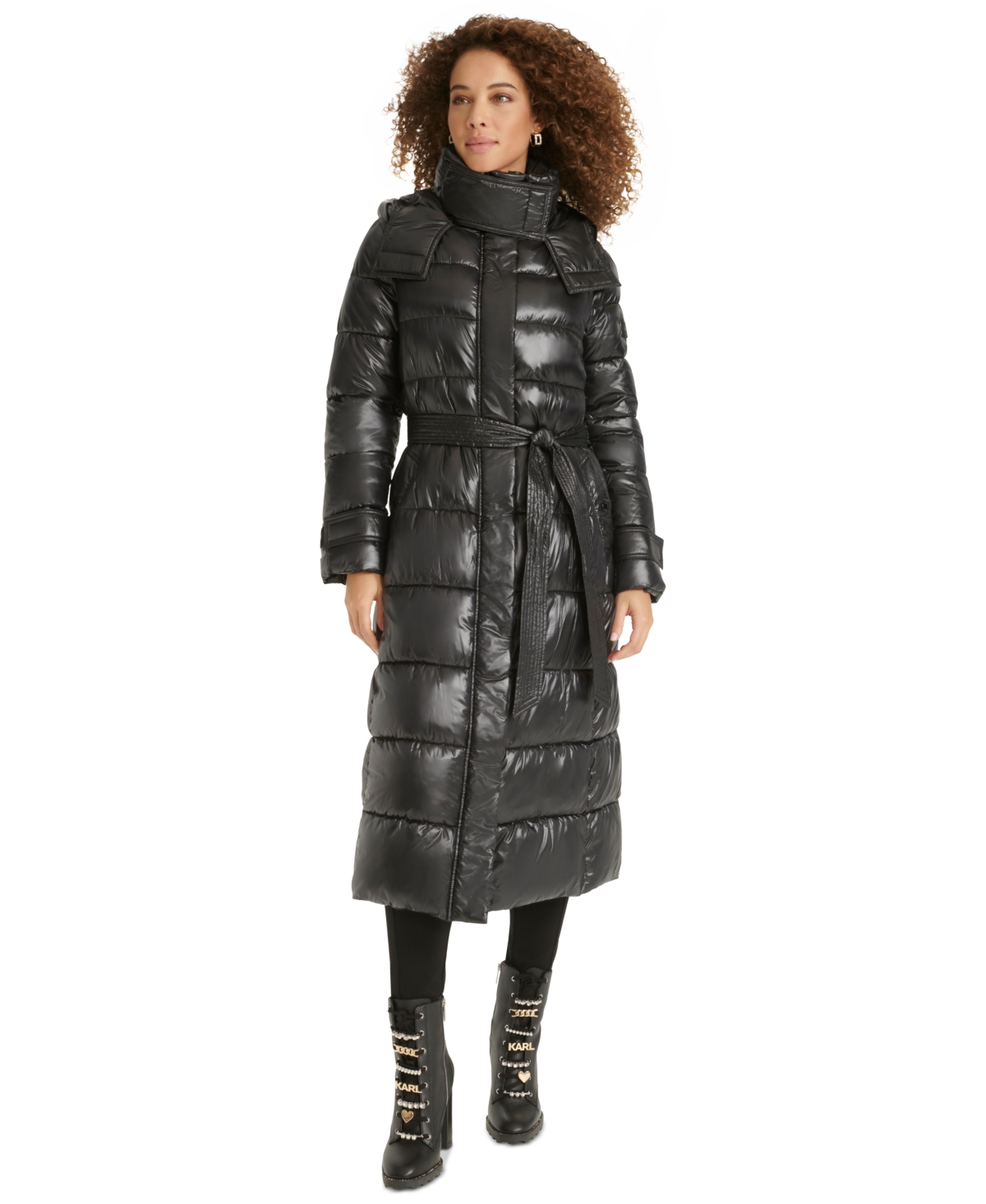 Click here for Karl Lagerfeld Womens Shine Hooded Belted Puffer C... prices