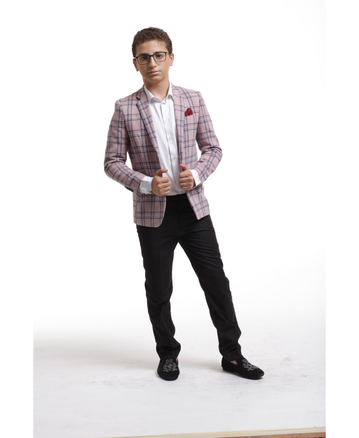 Click here for Elie Balleh Boys Pink Slim Fit Plaid Jacket - Pink prices