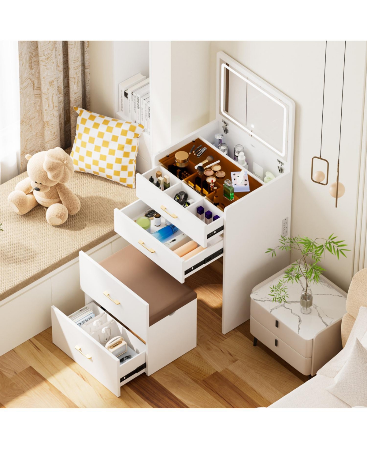Click here for Makeup Vanity Set with Light  Stool & Storage - Wh... prices