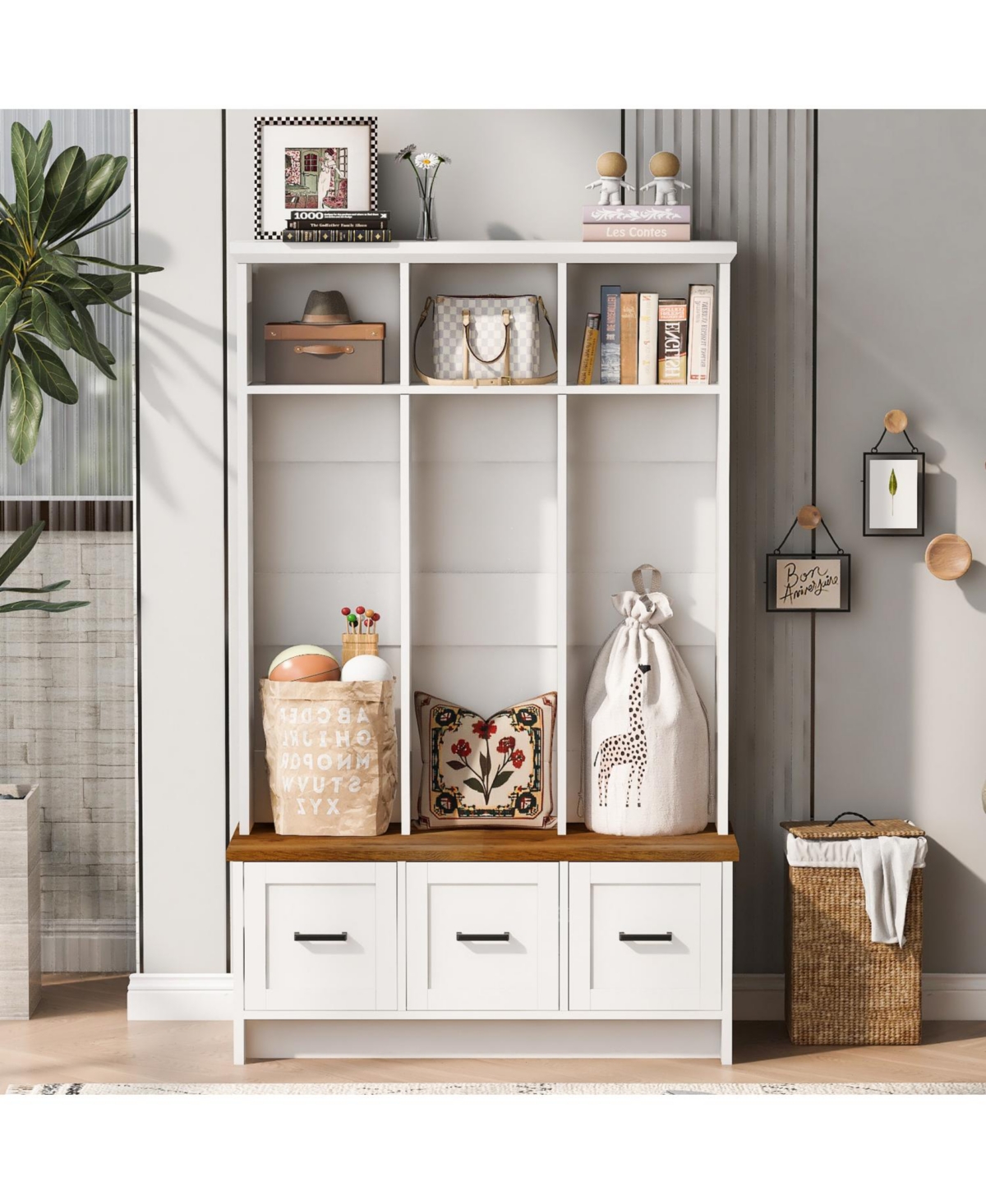 Click here for Hall Tree with Bench  Shelves & Drawers - White prices