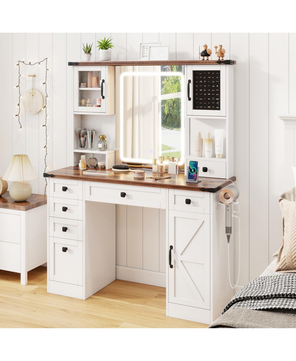 Click here for Farmhouse Vanity Desk with Lighted Mirror and 3 Do... prices