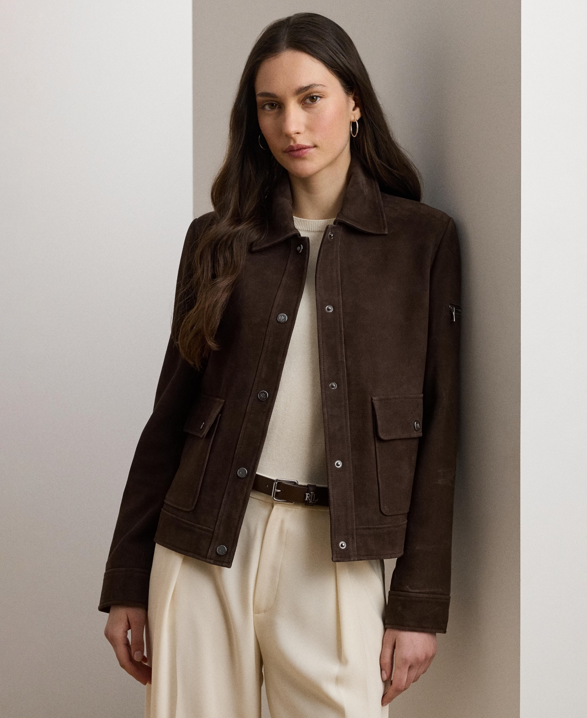 Lauren Ralph Lauren Womens Buttoned Suede Jacket - Brown