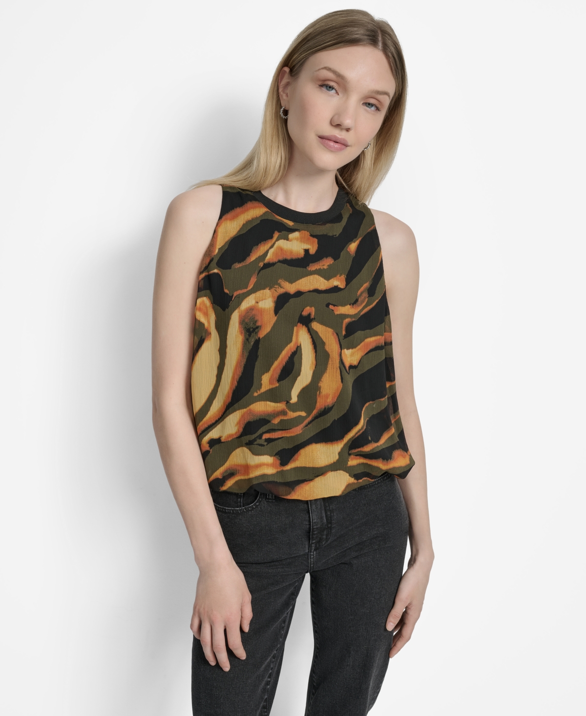 Click here for Dkny Womens Printed Bubble-Hem Sleeveless Top - Ur... prices