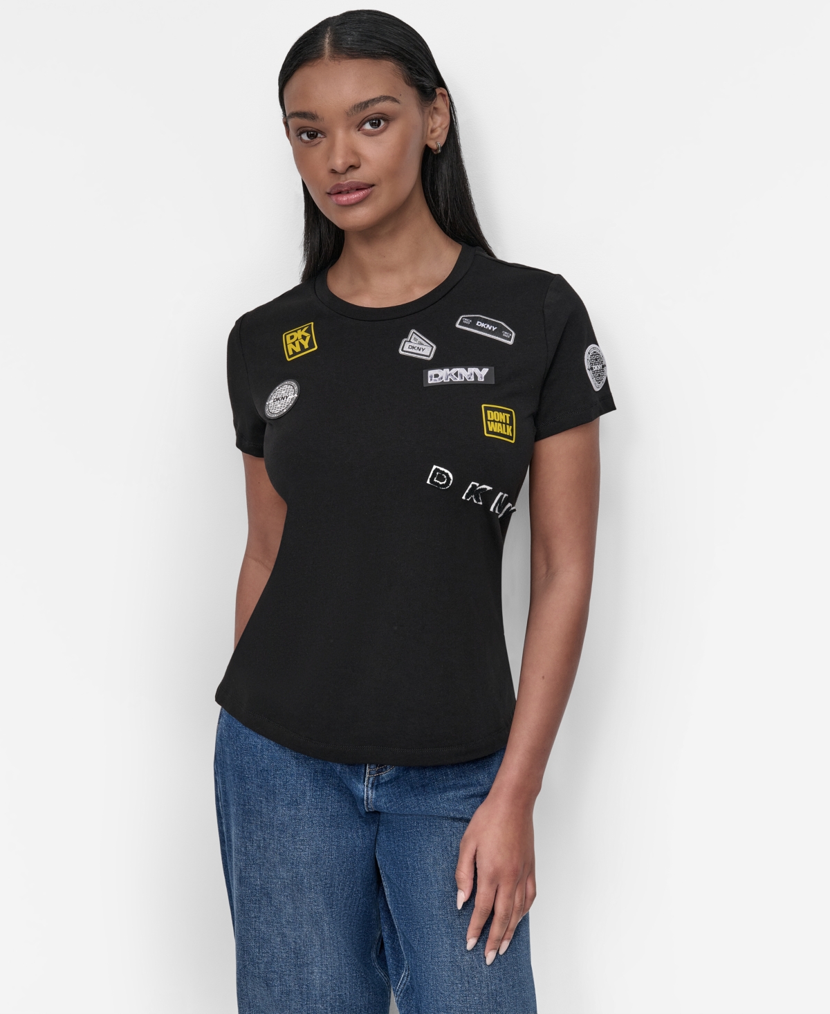 Click here for Dkny Womens Pins And Patches Crewneck T-Shirt - Bl... prices