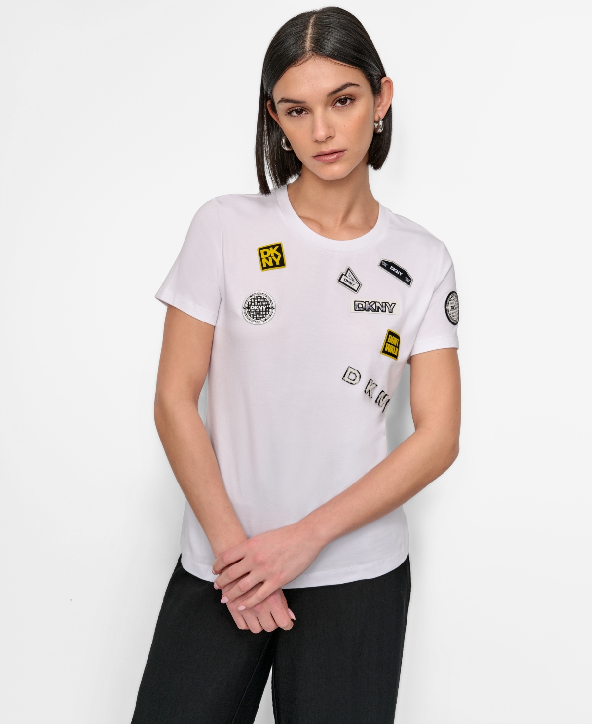 Click here for Dkny Womens Pins And Patches Crewneck T-Shirt - Wh... prices
