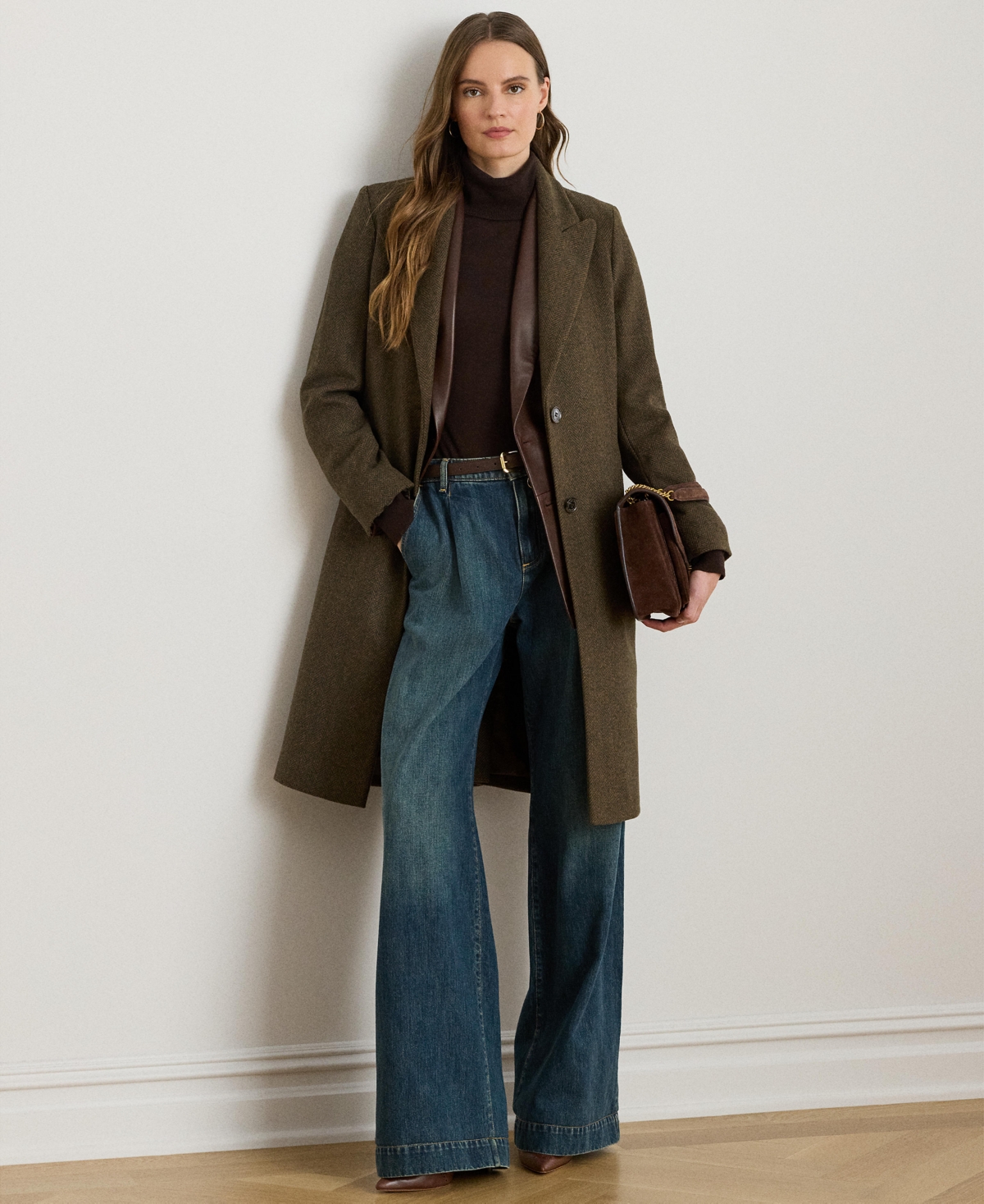 Lauren Ralph Lauren Womens Wool-Blend Walker Coat - Loden Brown Herringbone