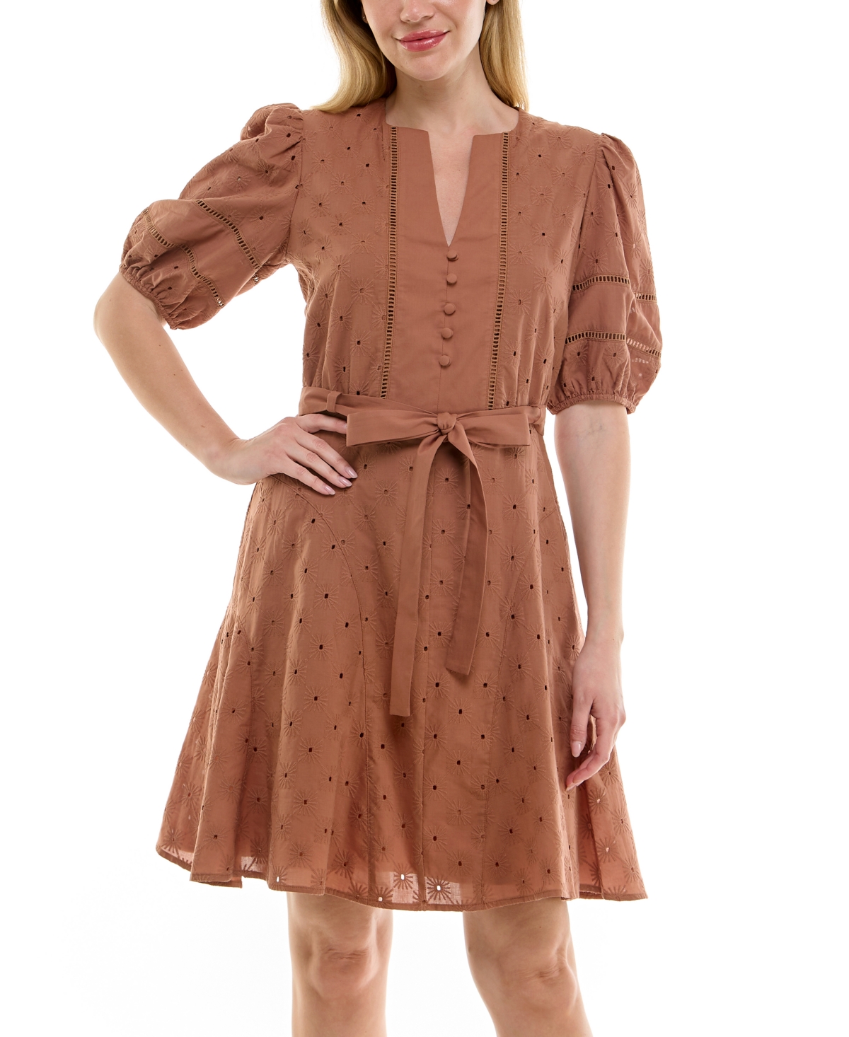 Click here for Taylor Petite Split-Neck Puff-Sleeve Fit & Flare D... prices