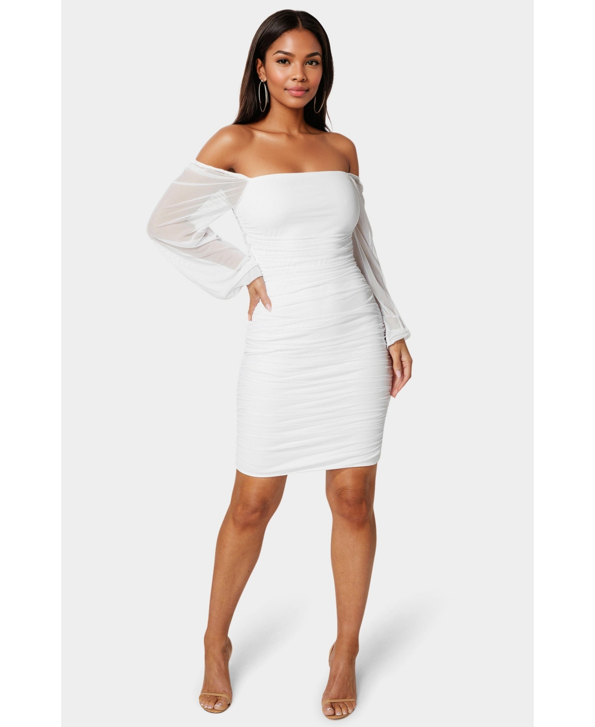Click here for Bebe Womens Blouson Sleeve Ruched Midi Dress - Whi... prices