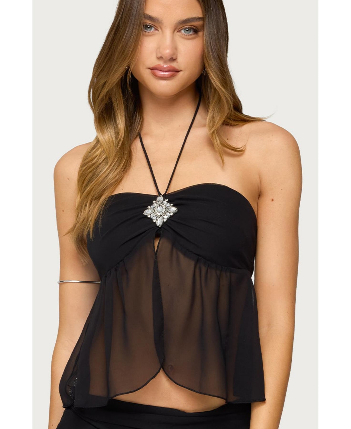 Edikted Womens Jettie Sheer Chiffon Split Front Top - Black
