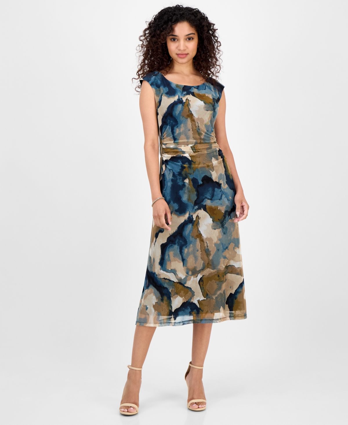 Click here for Connected Womens Mesh Cap-Sleeve Dress - Peacock prices