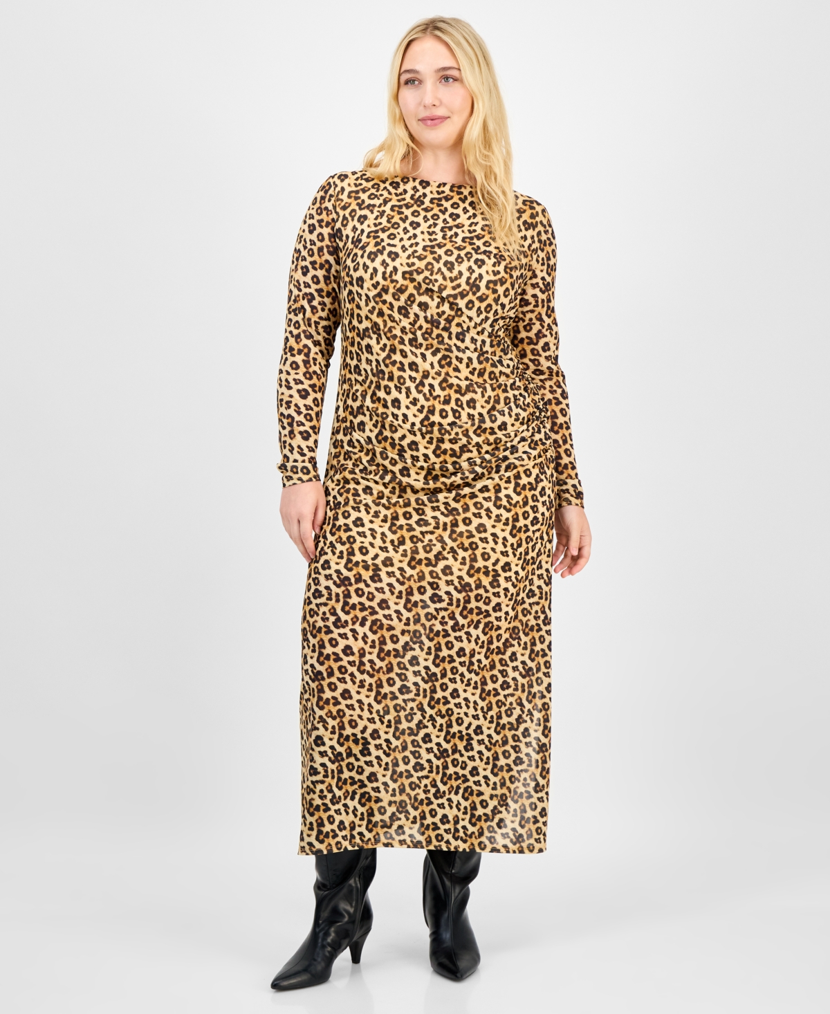 Click here for Bar Iii Trendy Plus Printed-Mesh Ruched Midi Dress... prices
