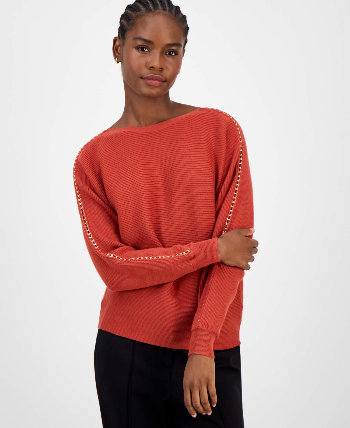 Click here for T Tahari Womens Chain-Trim Boat-Neck Sweater - Can... prices
