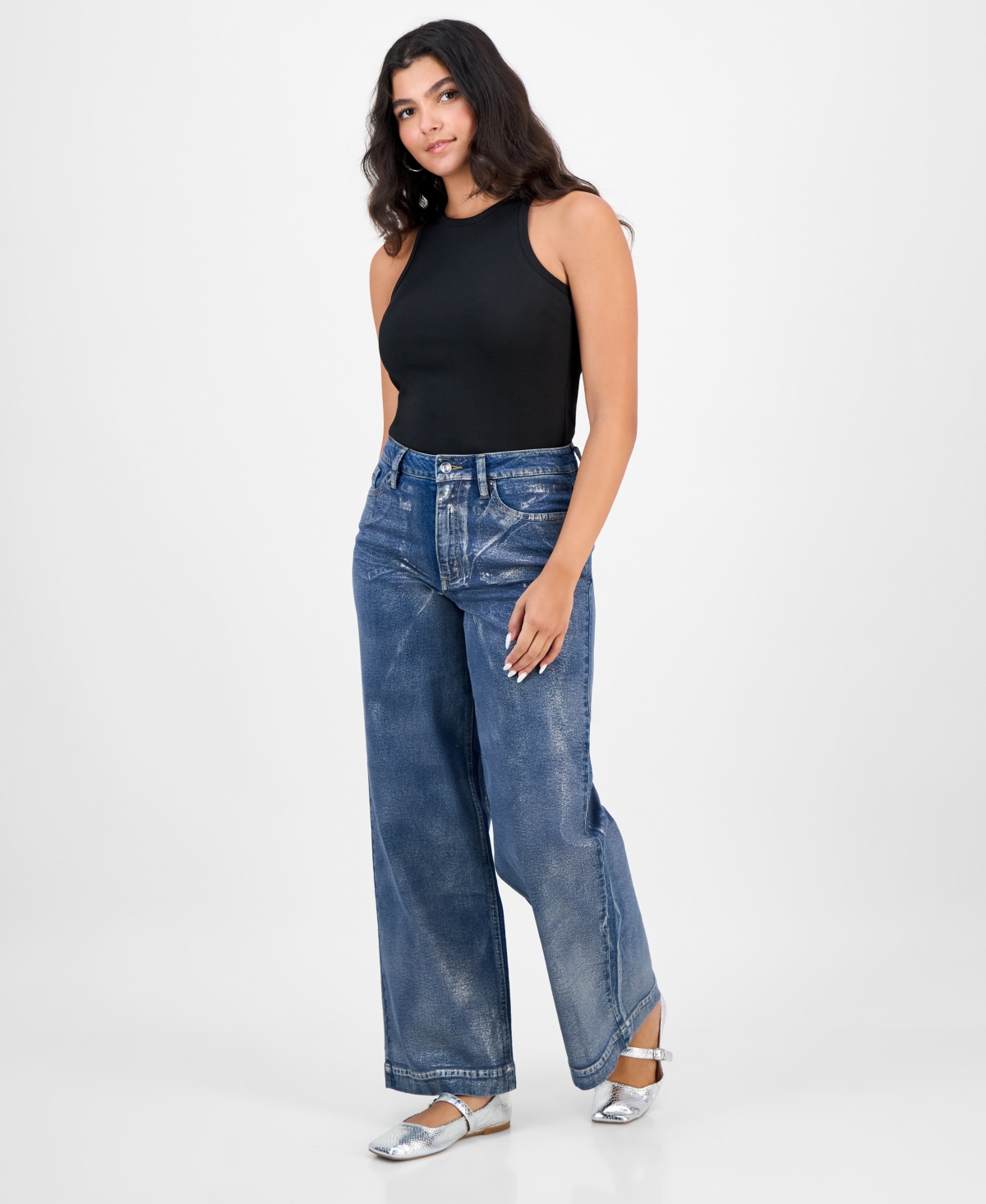 Click here for Bar Iii Womens High Rise Metallic Wide-Leg Jeans... prices