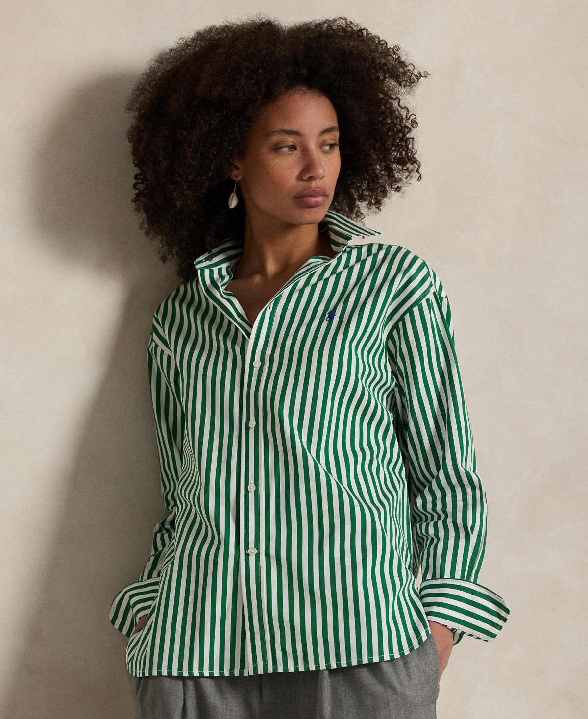 Polo Ralph Lauren Womens Relaxed-Fit Striped Cotton Shirt - Green Grass/White
